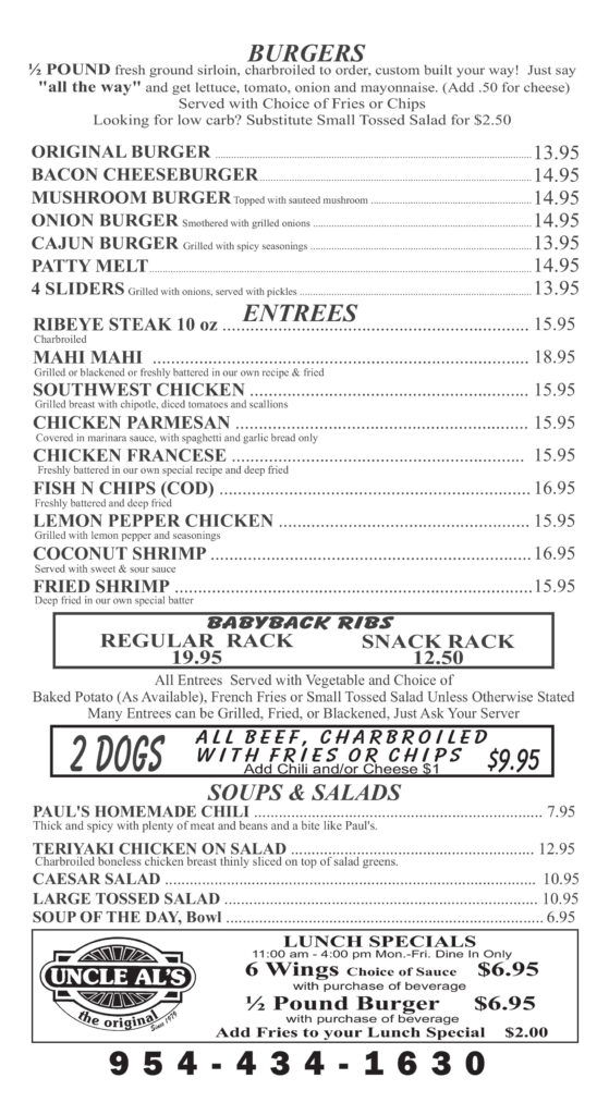 Menu - Uncle Al's Davie
