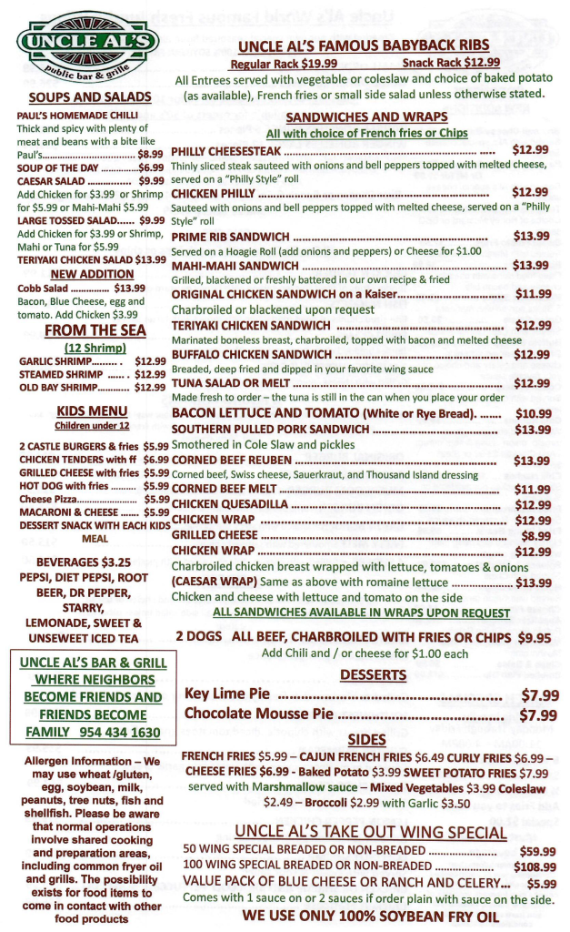 Menu - Uncle Al's Davie