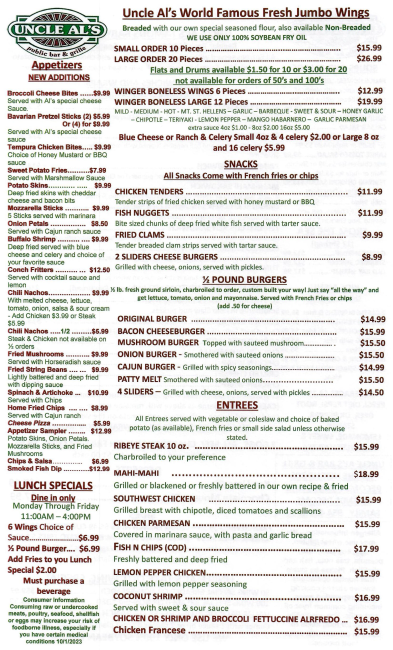 Menu - Uncle Al's Davie