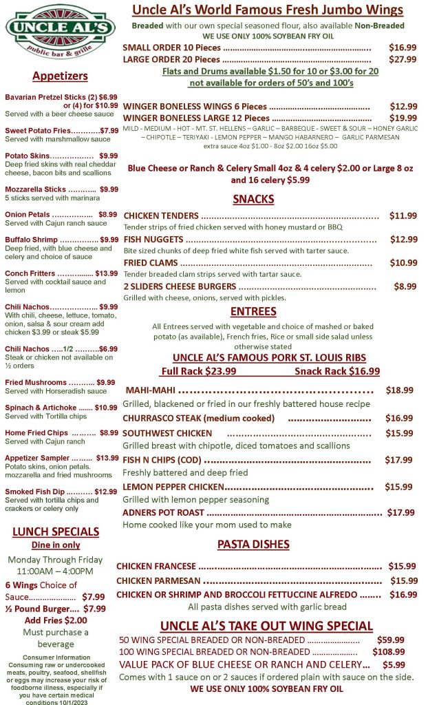 Menu - Uncle Al's Davie